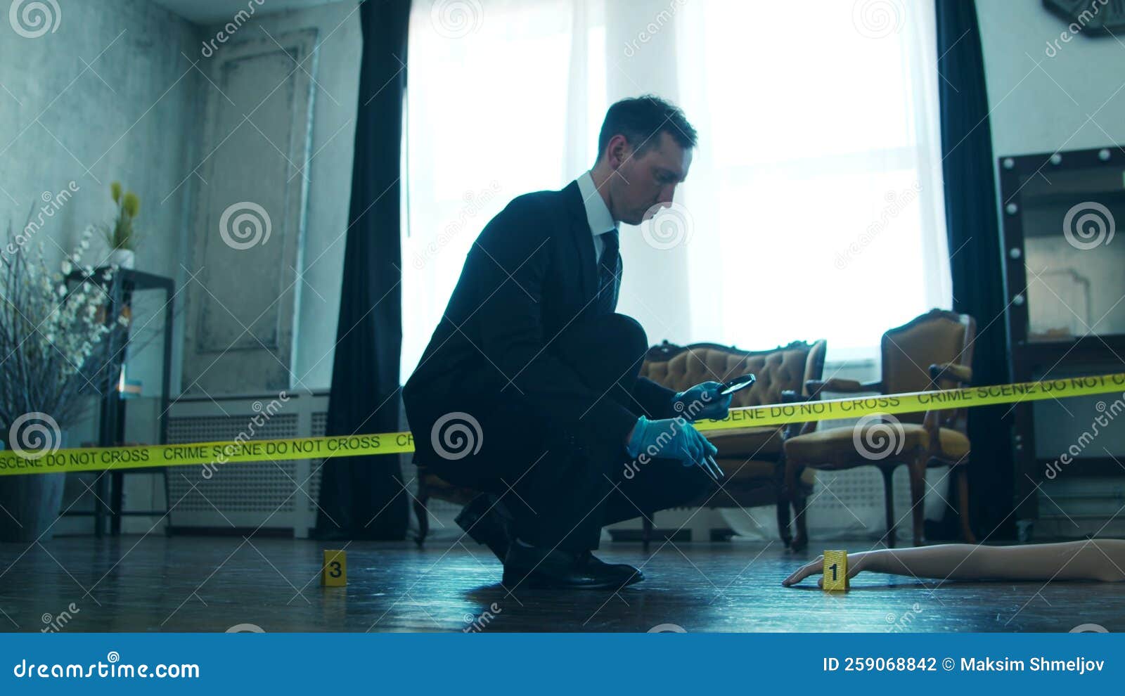 Detective Collecting Evidence In A Crime Scene Forensic Specialists