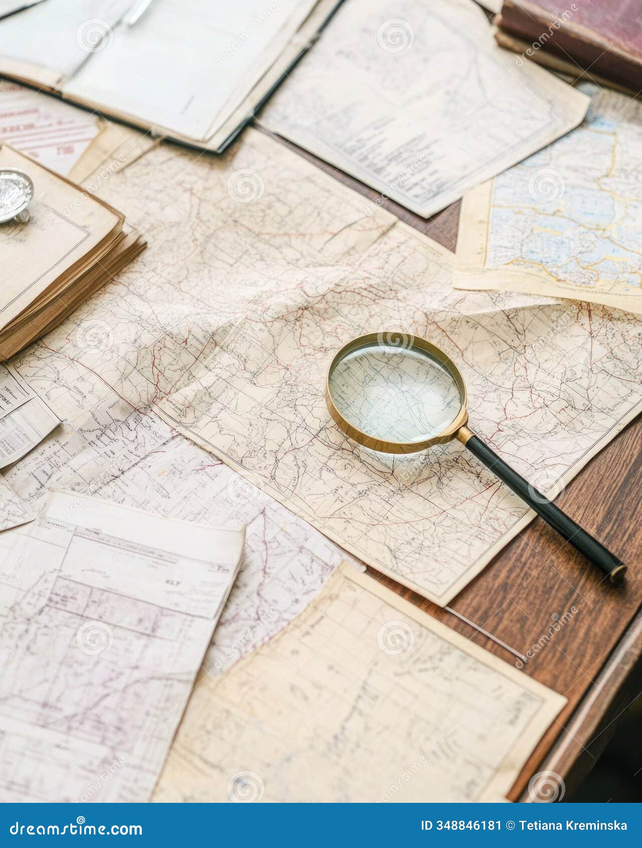 Detective Desk with Maps and Magnifying Glass Stock Image - Image of ...