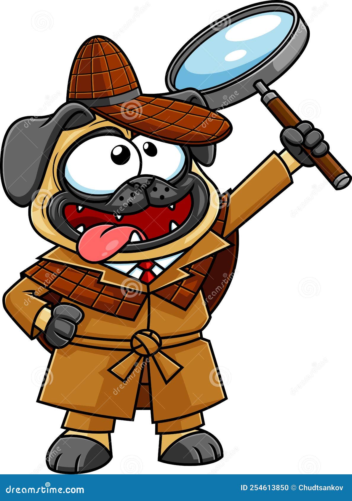 Funny Detective Pug Dog Cartoon Character Holding Up a Large Magnifying ...