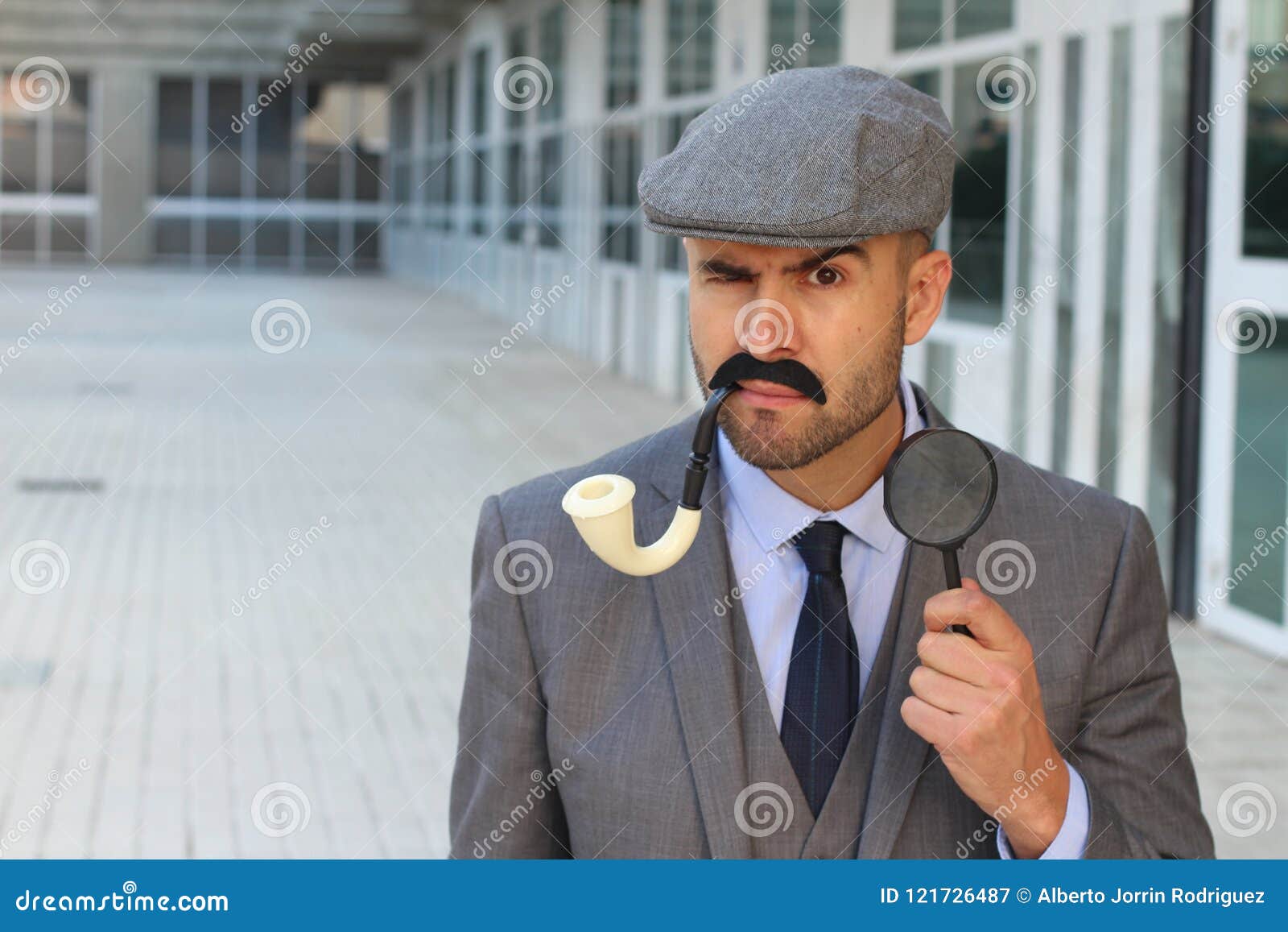 Detective with Hat, Pipe and Magnifying Glass Stock Image - Image of ...