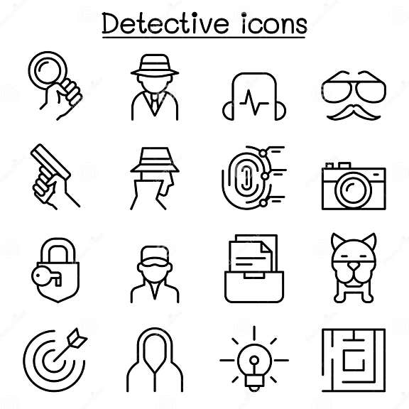 Detective Icon Set in Thin Line Style Stock Vector - Illustration of ...