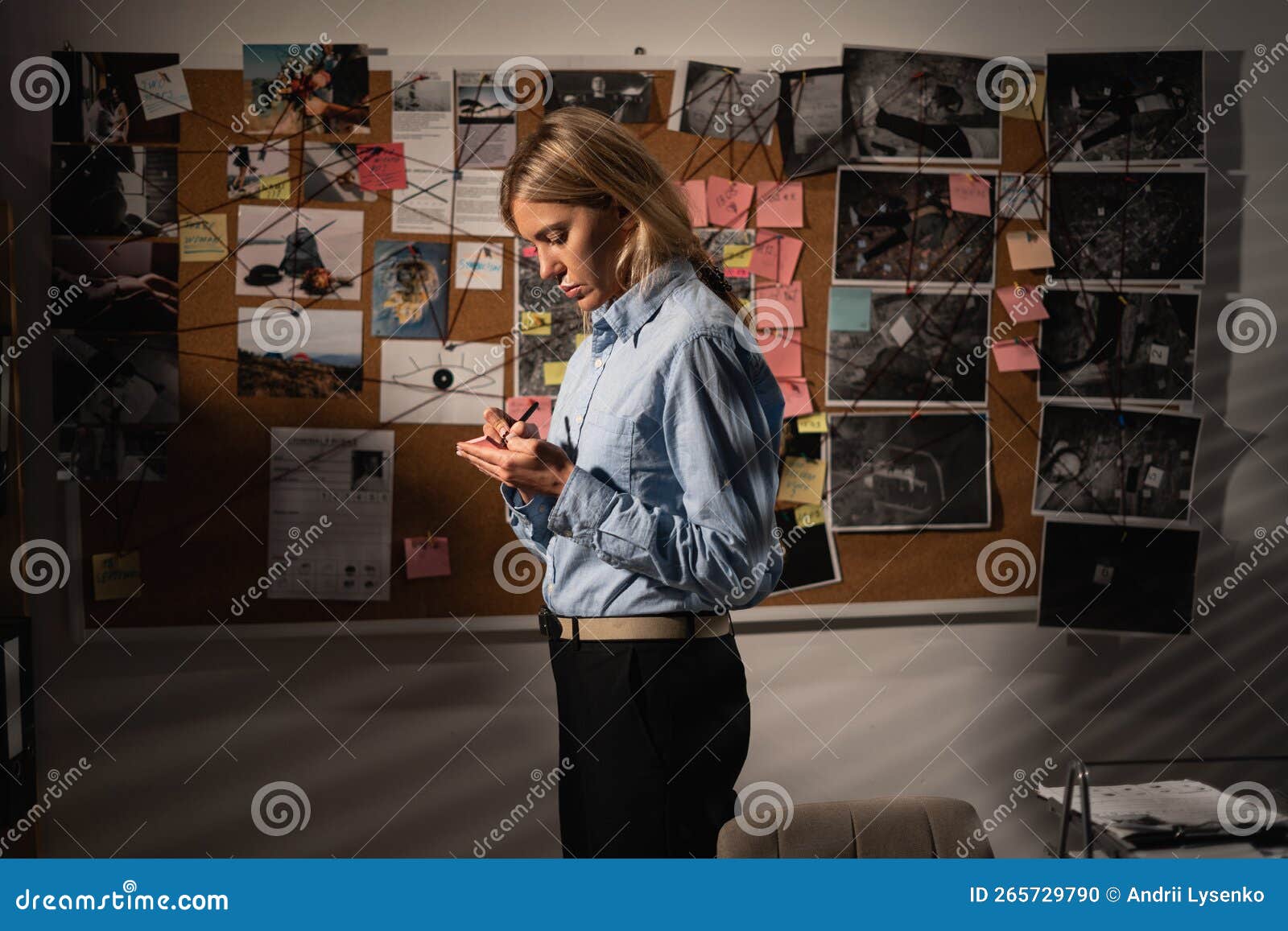 Detective Looking at Investigation Board Making Notes on Criminal Case ...