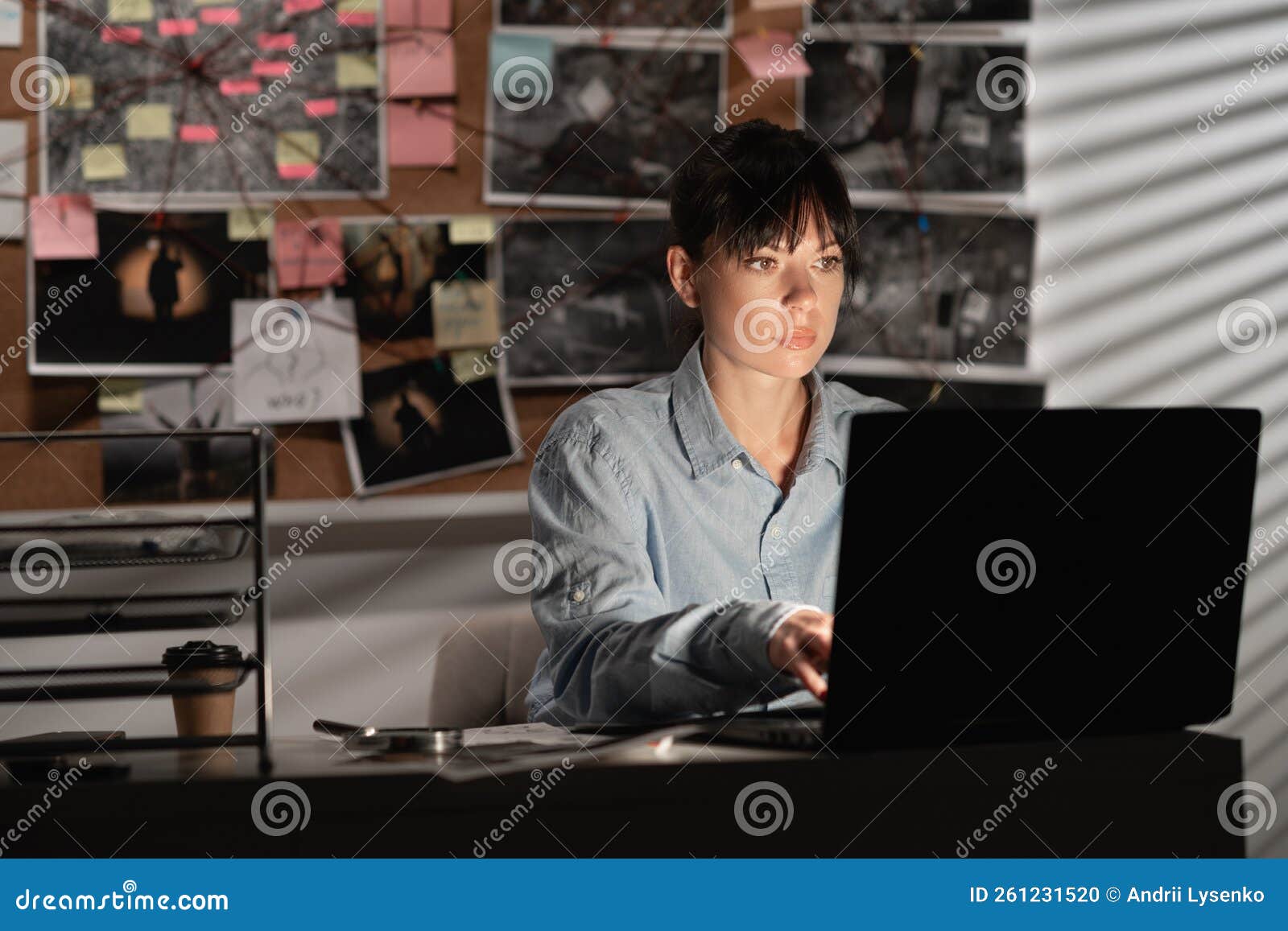 Detective Processing Evidence in Her Office Using a Laptop. Stock Photo ...