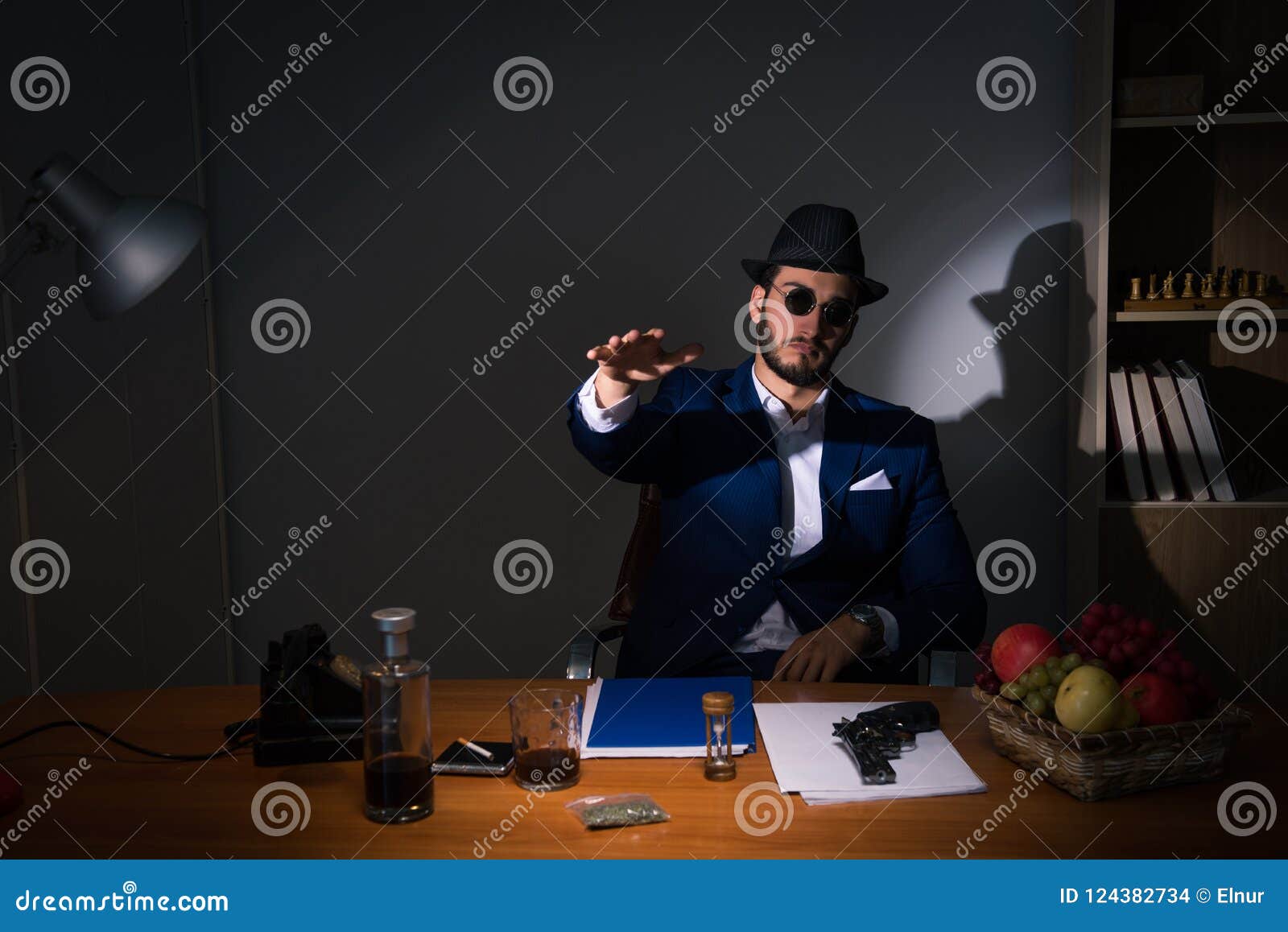 The Detective Sitting in Dark Room in Vintage Concept Stock Photo ...