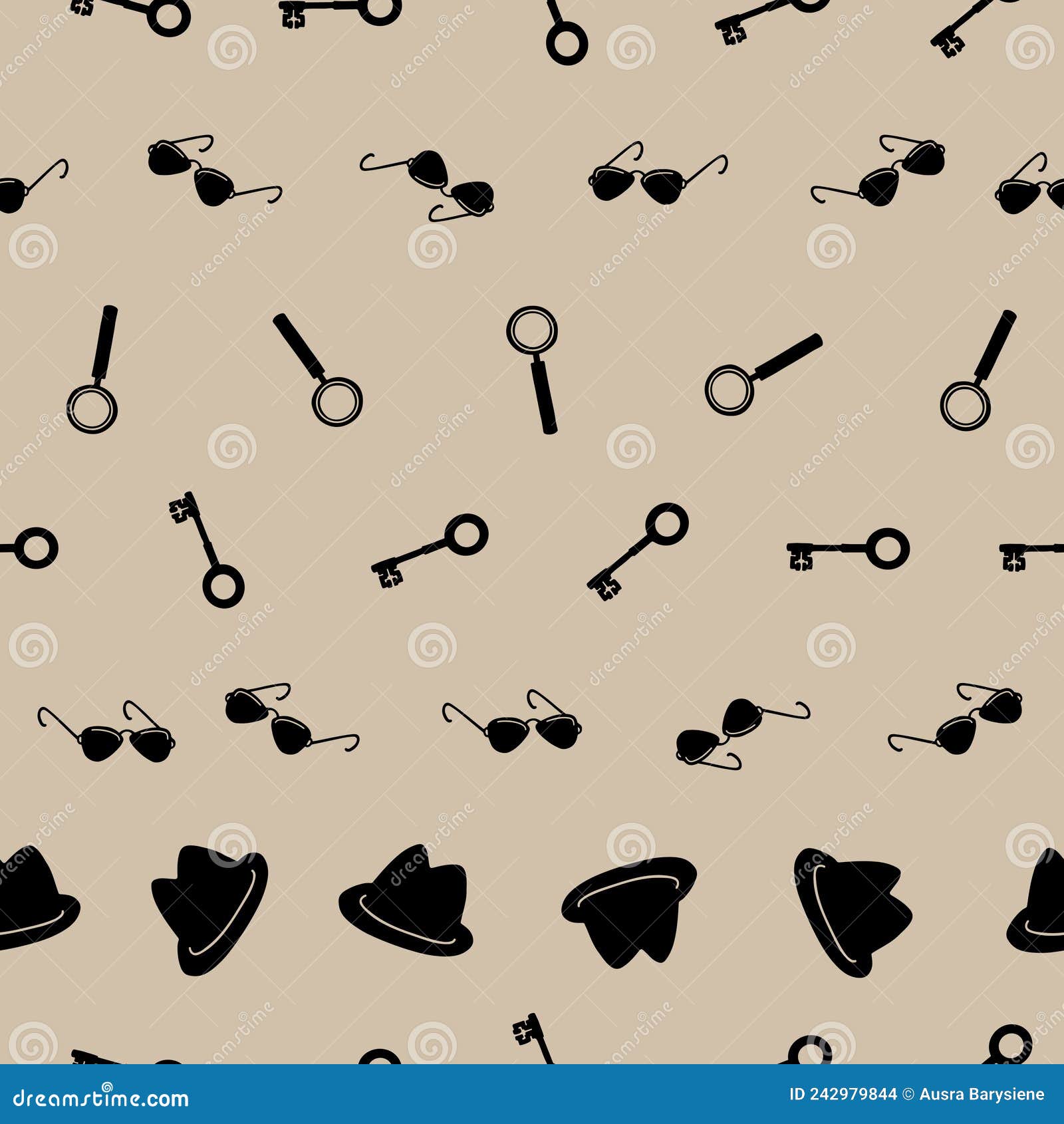 Detective, Spy, Mafia Seamless Pattern. Black Items in a Row on Beige ...