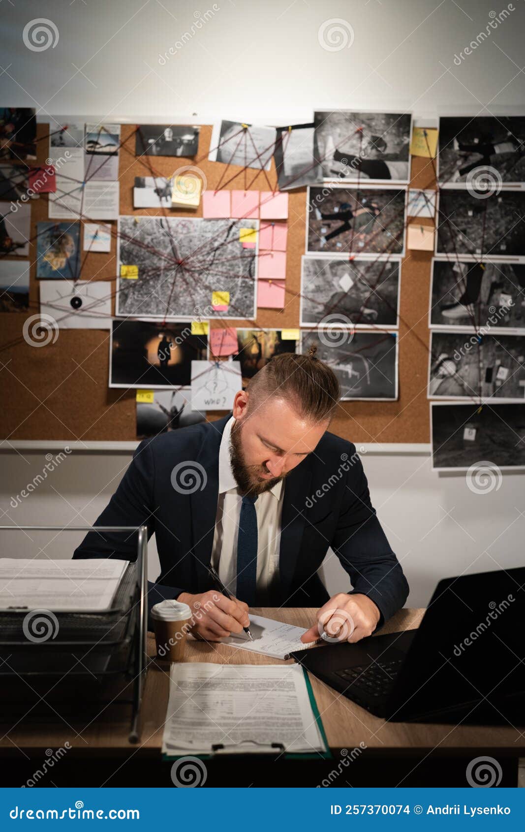Detective Working at Desk in His Office, Evidence Board on Background ...
