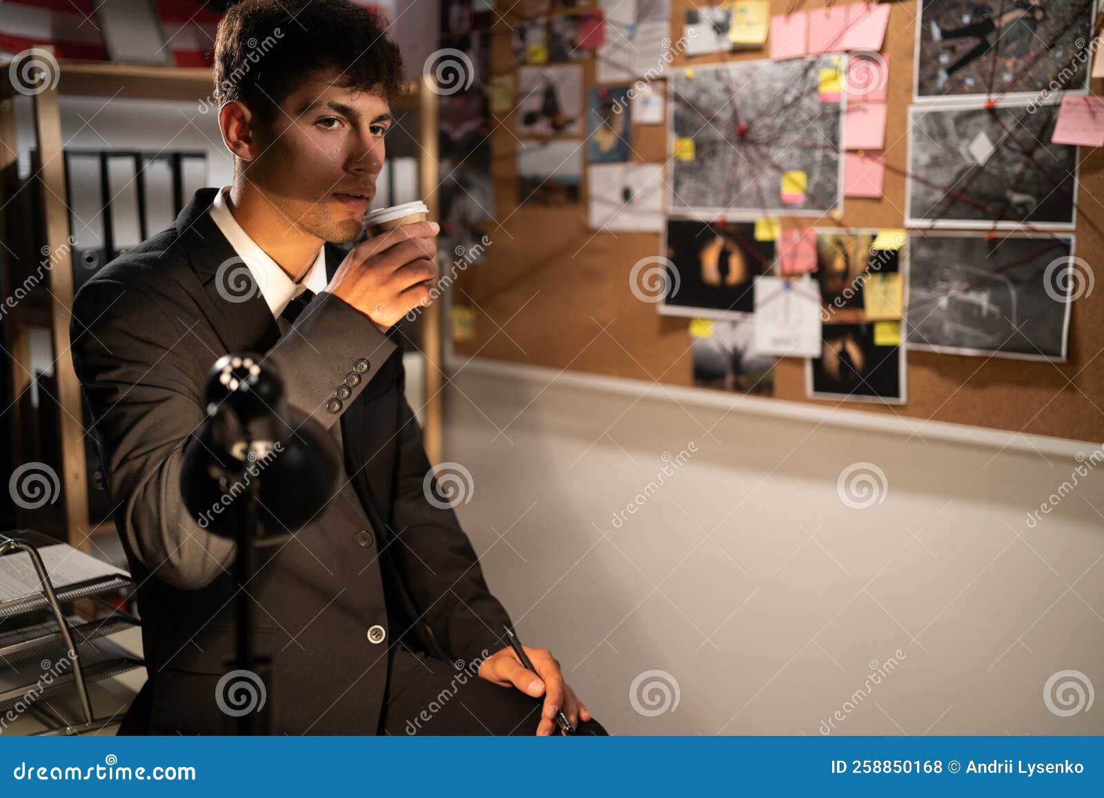 Detective Working in Office is Drinking Coffee Searching of Solution ...