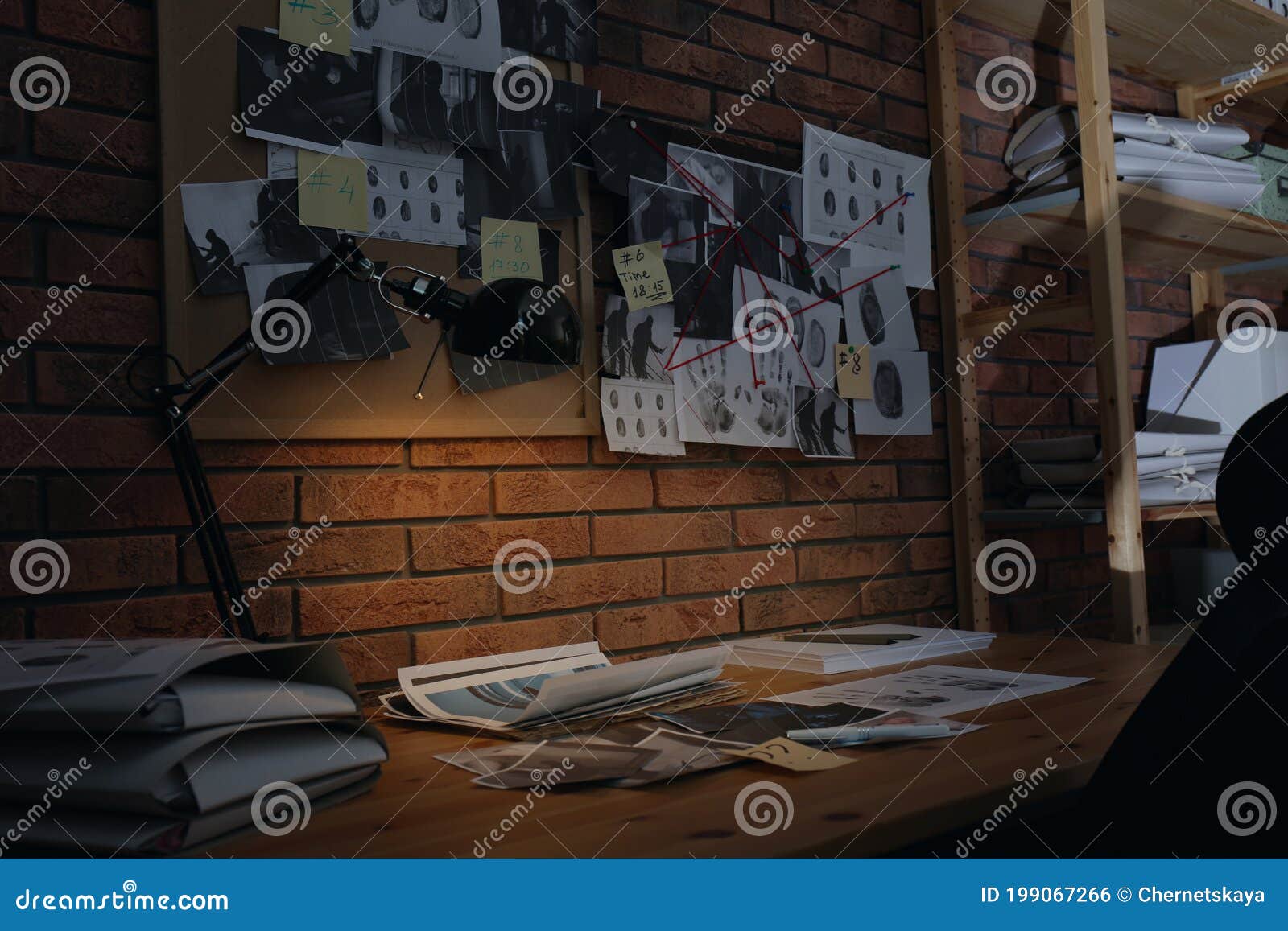 Detective Workplace Near Brick Wall in Office Stock Photo - Image of ...