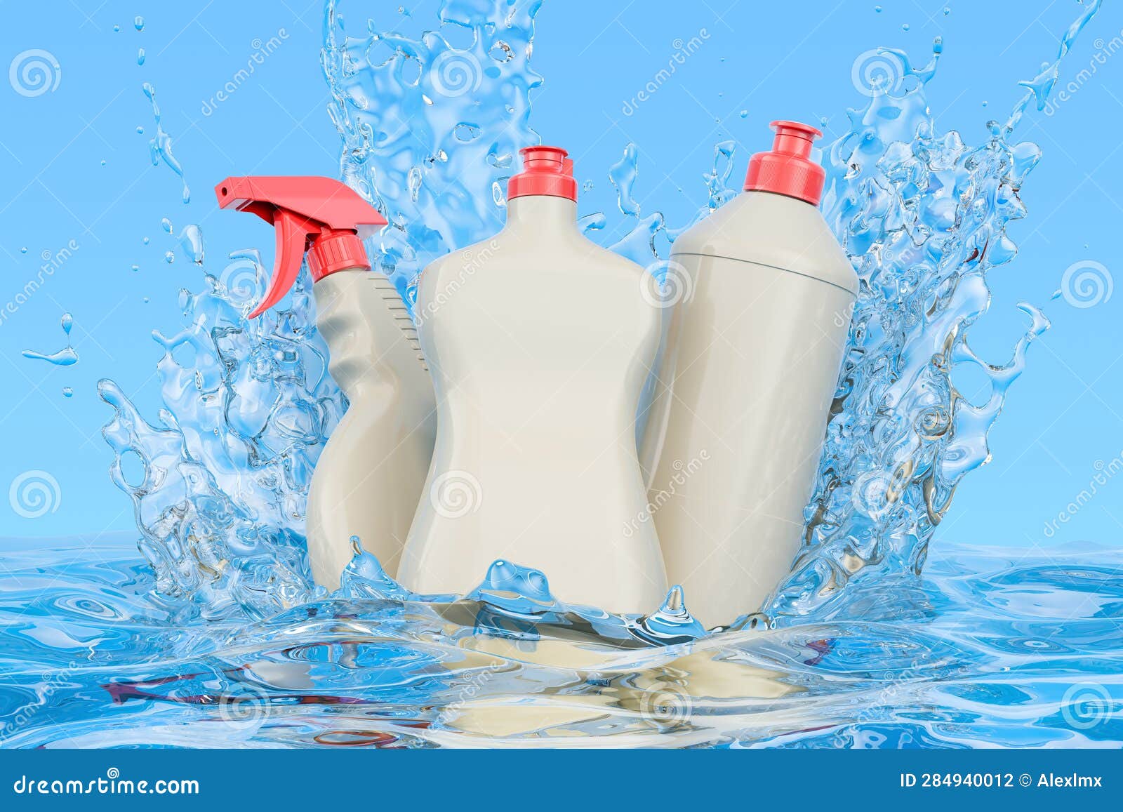 Detergent, Cleaning Products with Water Splashes, 3D Rendering Stock ...