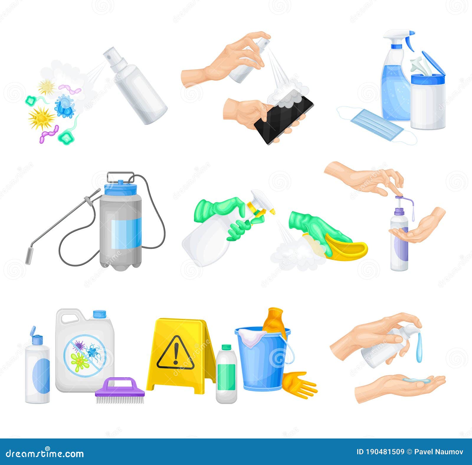 Detergent and Disinfectant in Dispenser Bottle and Hand Using it Vector ...