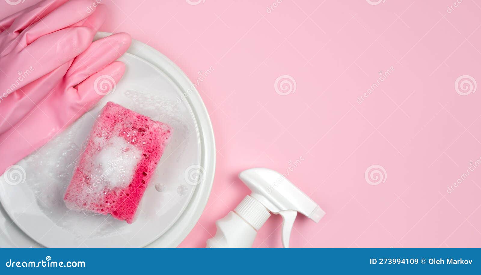 Detergent, Soapy Kitchen Sponge and Clean Plates on a Pink Background ...