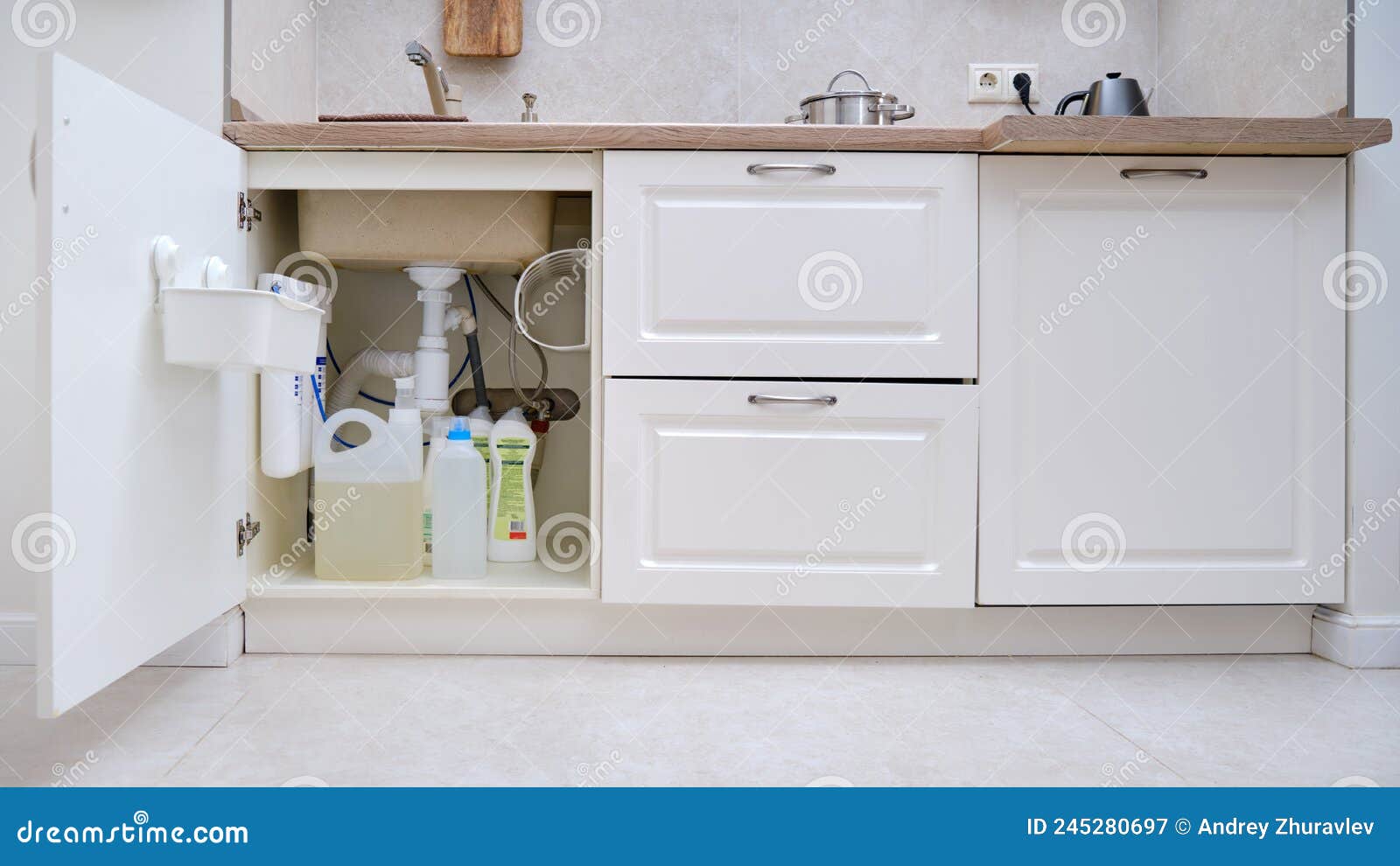 Detergents and Cleaning Products Under the Sink in the White Kitchen ...
