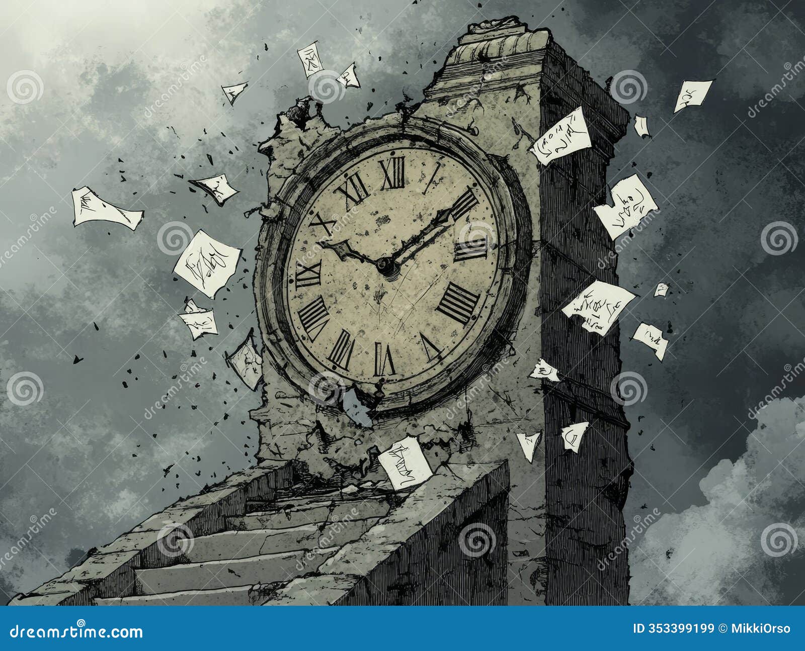 Deteriorating Roman Numeral Clock Surrounded by Broken Stairs and ...