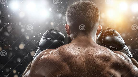 Determined Boxer Stands Ready in Ring, Showcasing Powerful Physique and ...