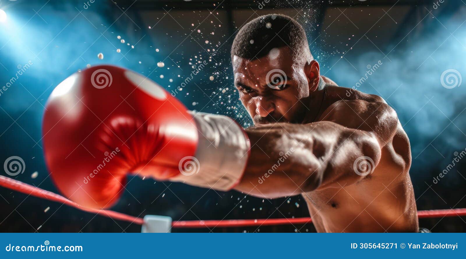 A Determined Boxer Throws a Powerful Punch in the Boxing Ring Stock ...