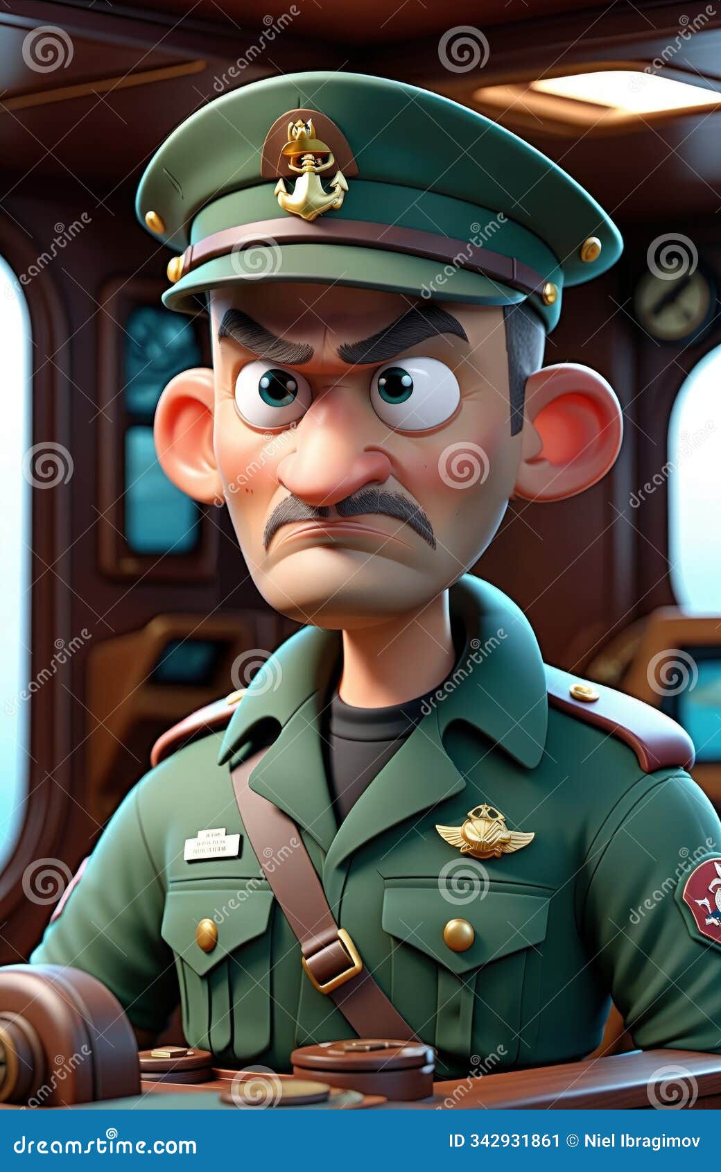 Determined Cartoon Captain Navigating Ship with Bold Expression in ...