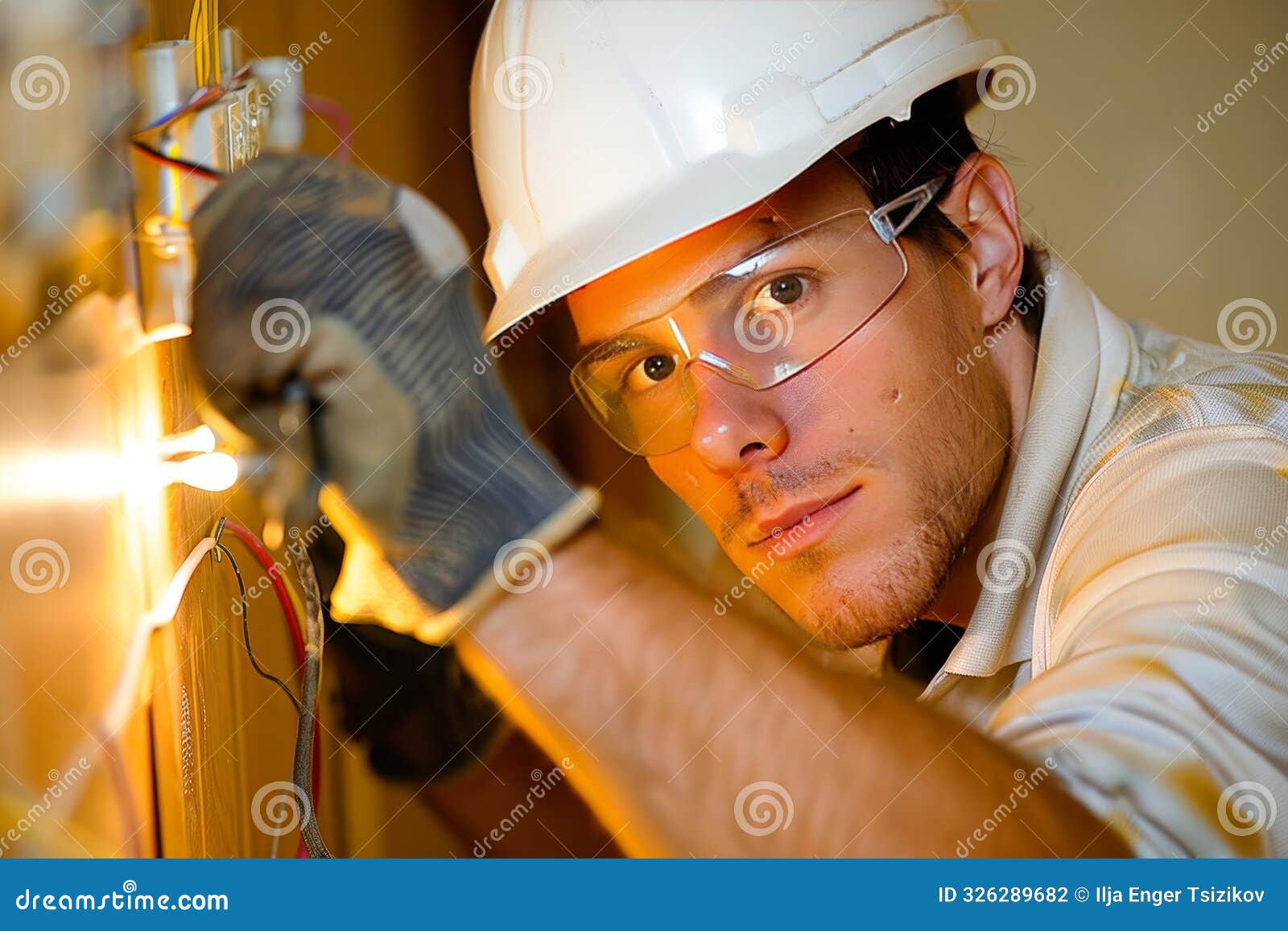 Determined Electrician in Safety Gear Working on Electrical Panel Under ...