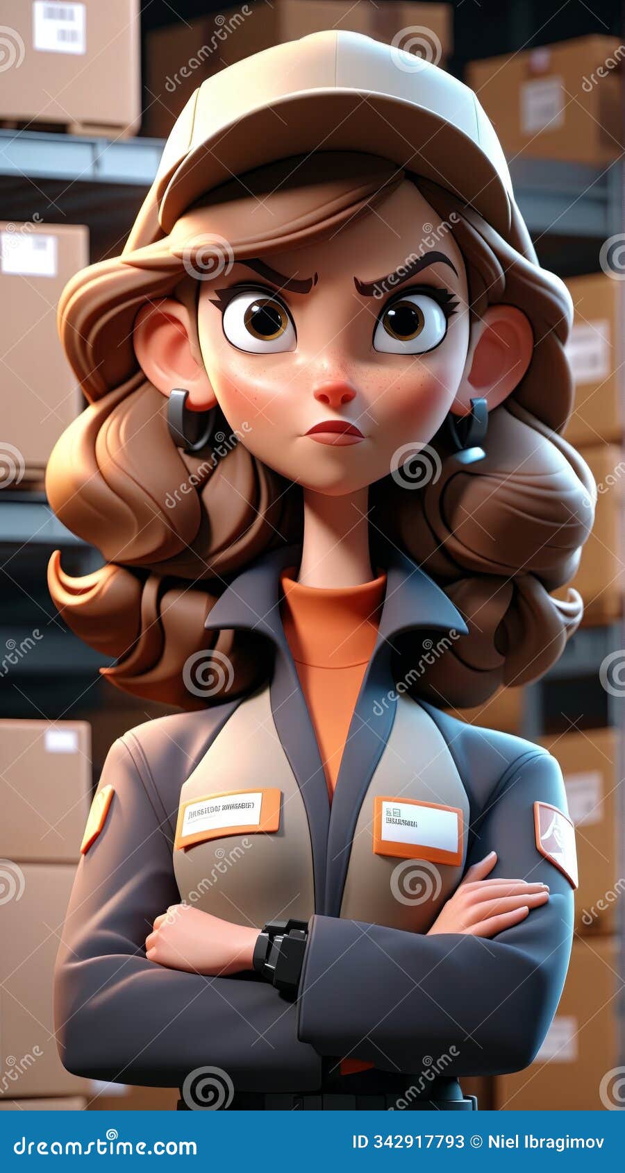 Determined Female Warehouse Worker Character with Boxes in Background ...