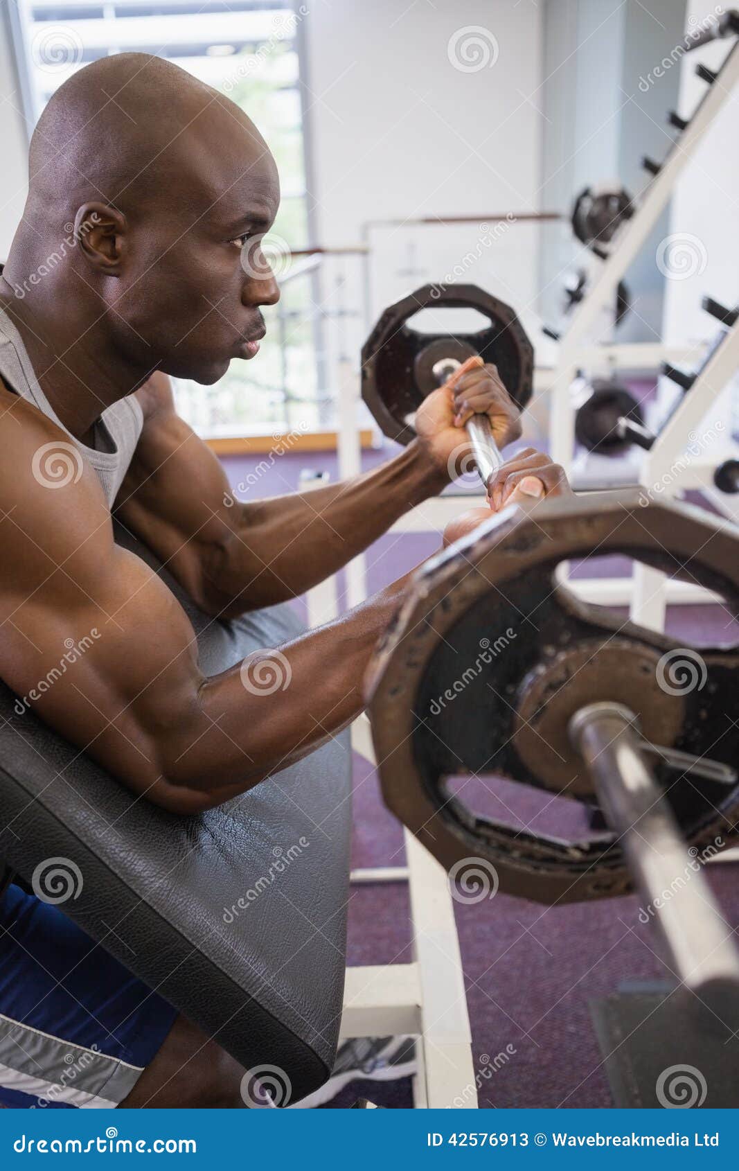 Determined Muscular Man Lifting Barbell in Gym Stock Image - Image of ...