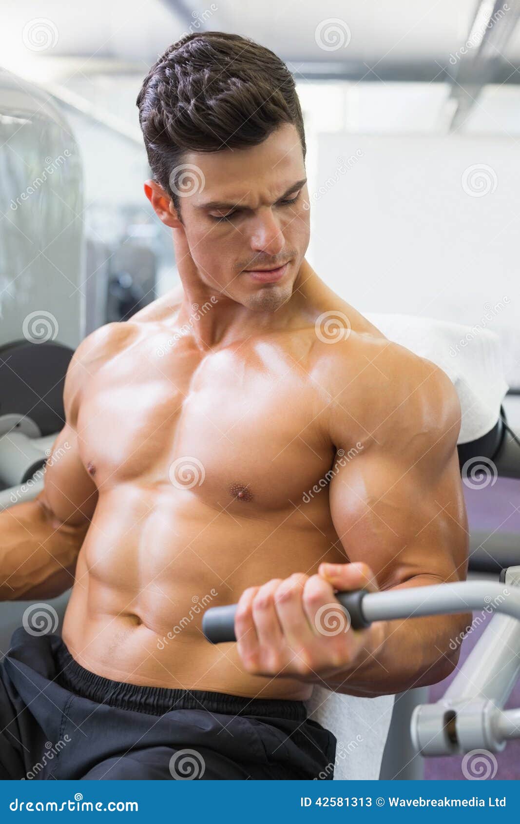 Determined Muscular Man Working on Abdominal Machine Stock Image ...
