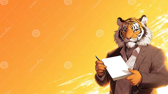 Determined Tiger in Formal Blazer Holds Notepad, Ready To Write Stock ...