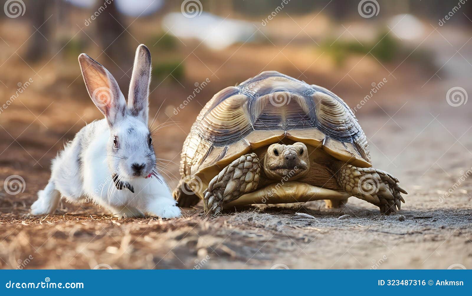 A Determined Tortoise Races a White Rabbit on a Forest Path Stock ...
