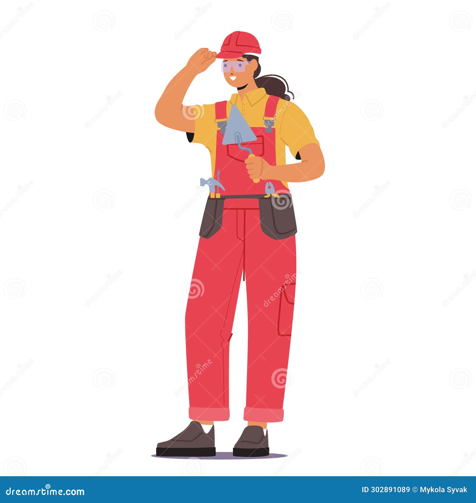 Man Constructor In Hard Hat Standing Near Brick Wall With Box Full Of ...