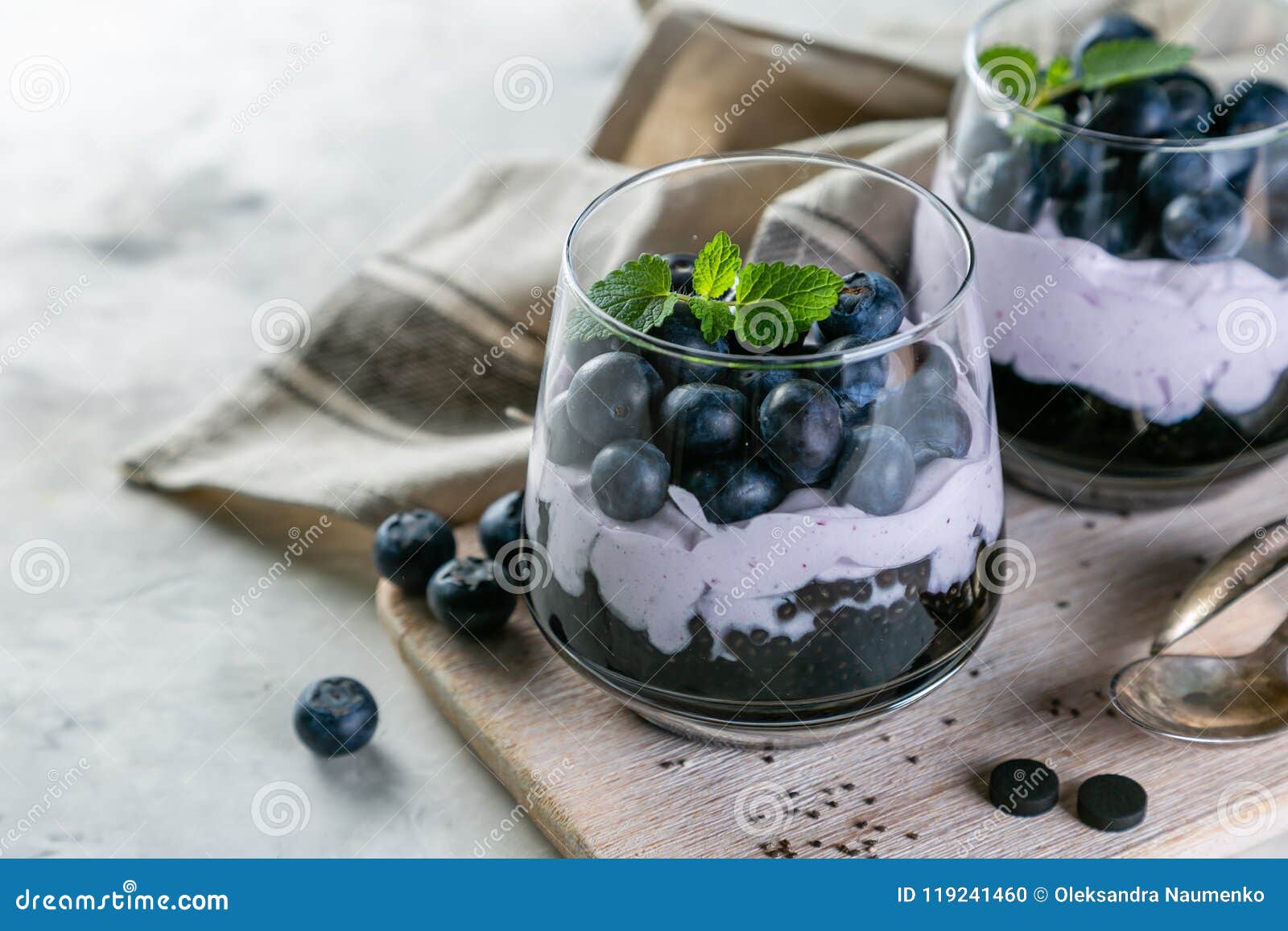 Detox Activated Charcoal Chia Pudding Breakfast with Blueberries Stock ...