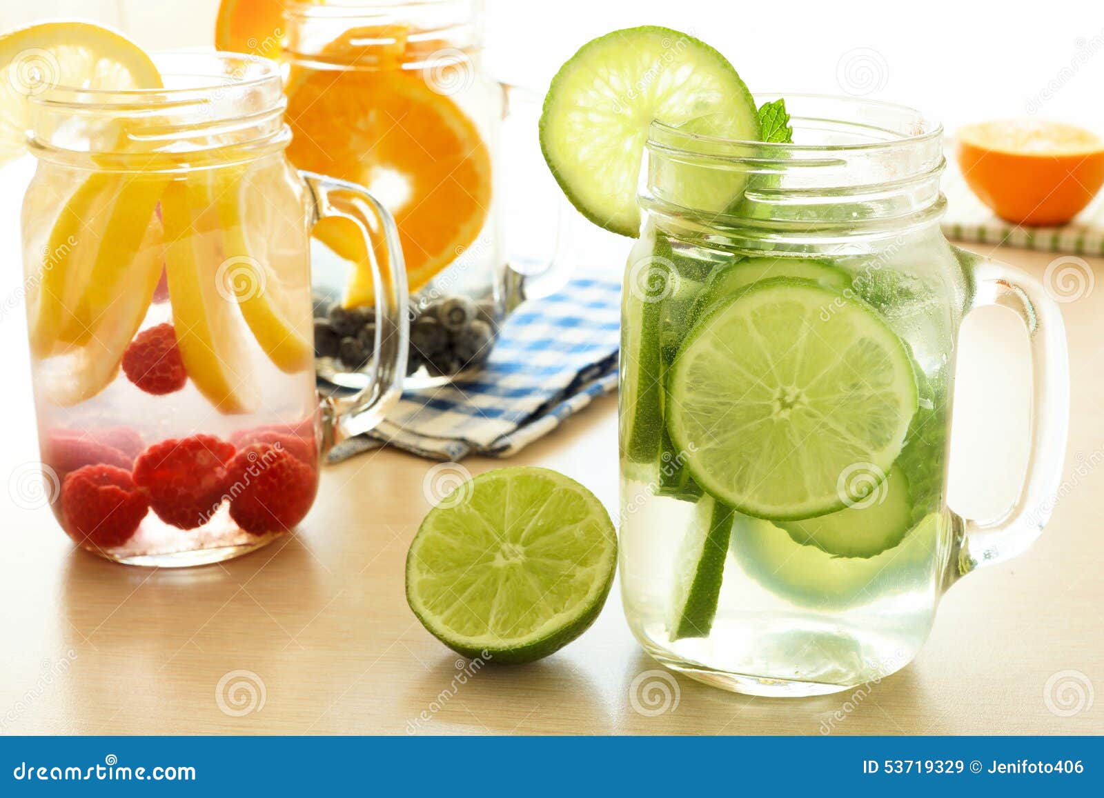 Detox Water with Various Types of Fruit in Mason Jars Stock Image ...