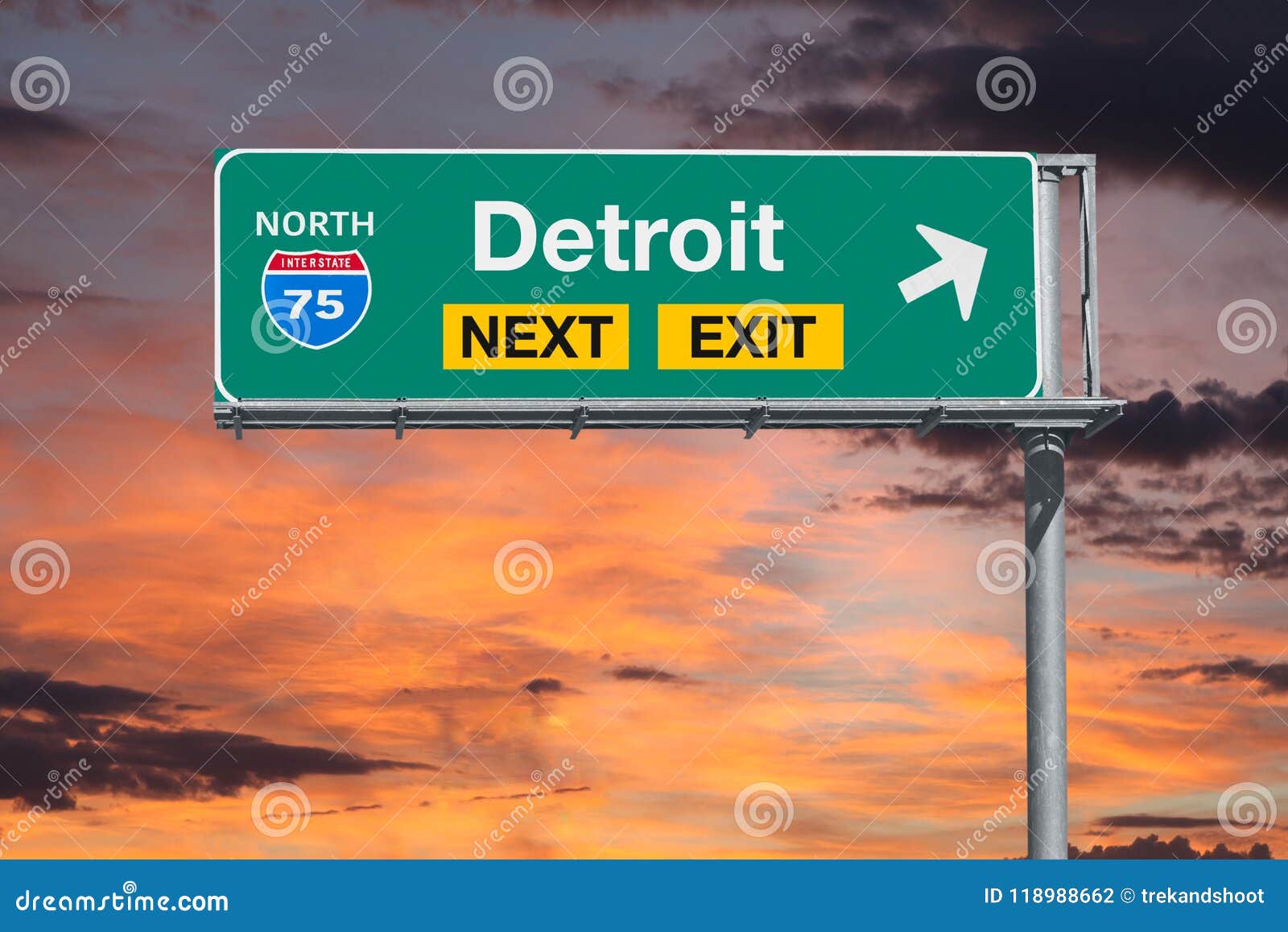 Detroit Route 75 Freeway Next Exit Sign with Sunset Sky Stock Photo ...