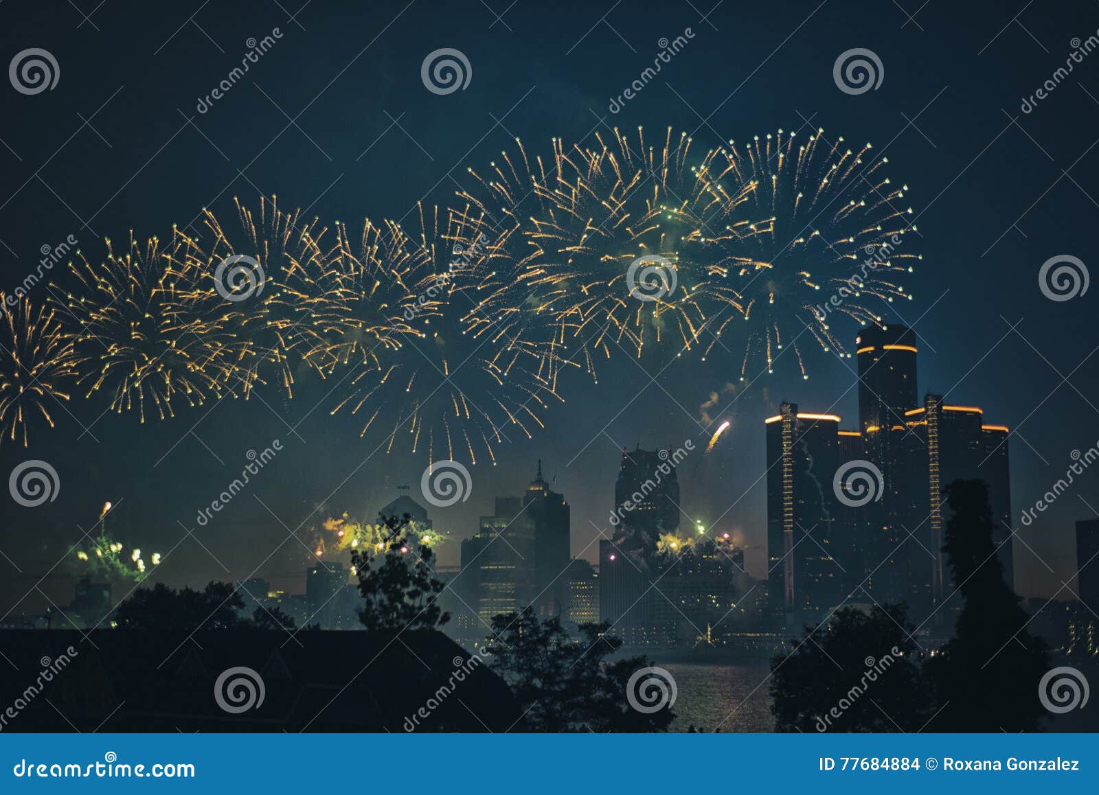 Detroit skyline fireworks stock photo. Image of skyscraper - 77684884