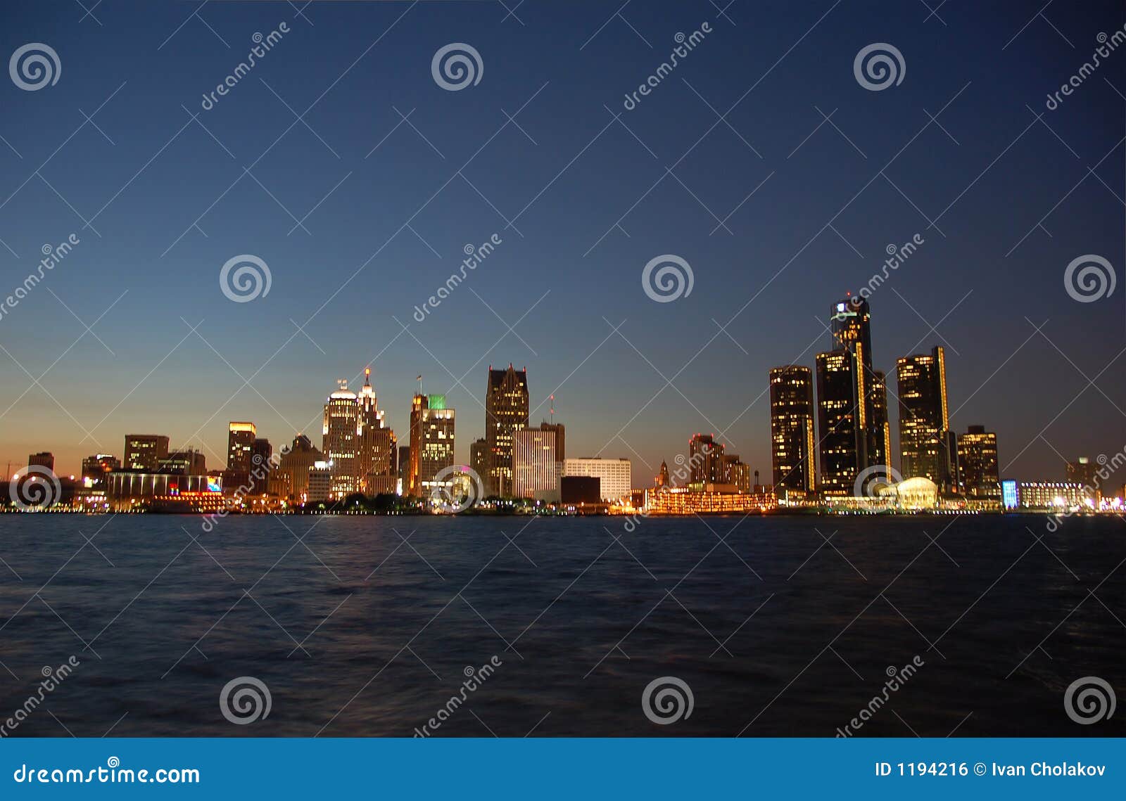Detroit skyline by night stock photo. Image of water, scene - 1194216