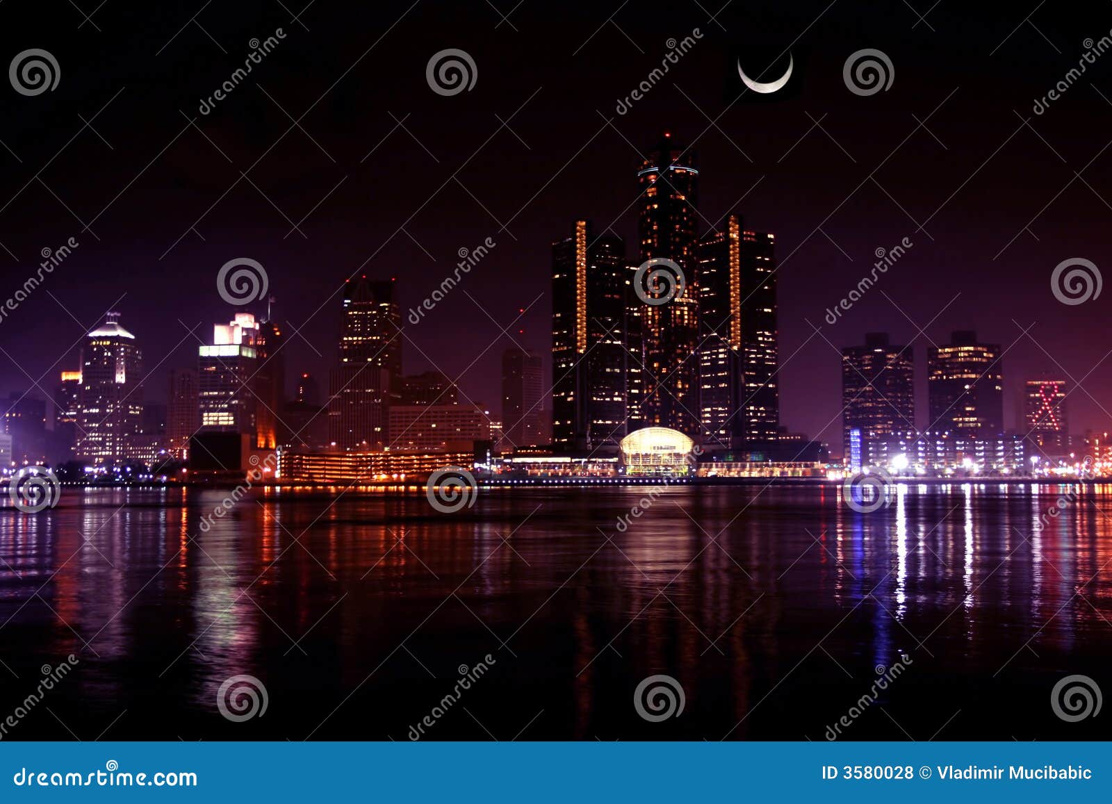 Detroit skyline at night stock photo. Image of urban, traffic - 3580028