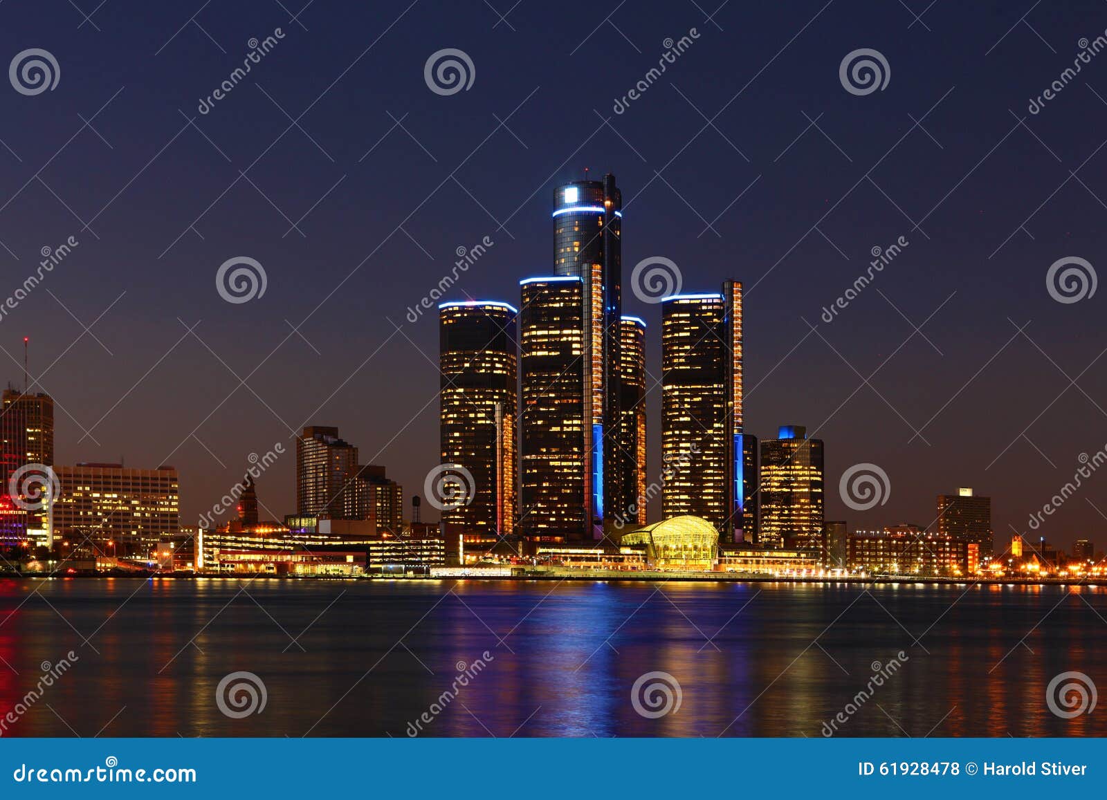 The Detroit Skyline at Night Stock Photo - Image of marine, office ...
