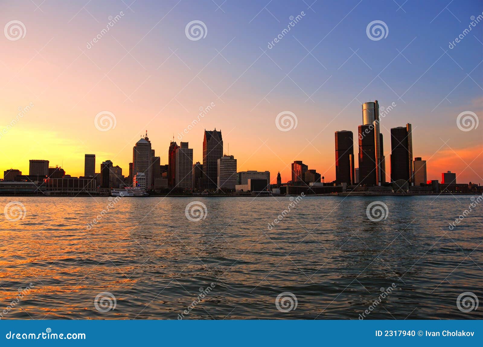 Detroit skyline at sunset stock photo. Image of illumination - 2317940