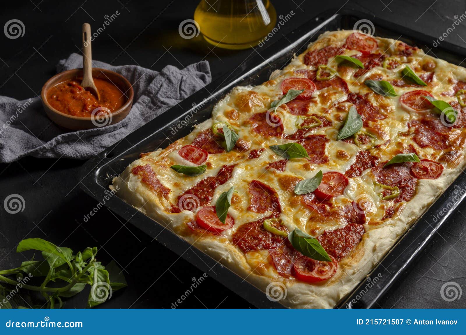 Detroit-style Pizza. Square Pepperoni Pizza with Sauce Stock Image ...