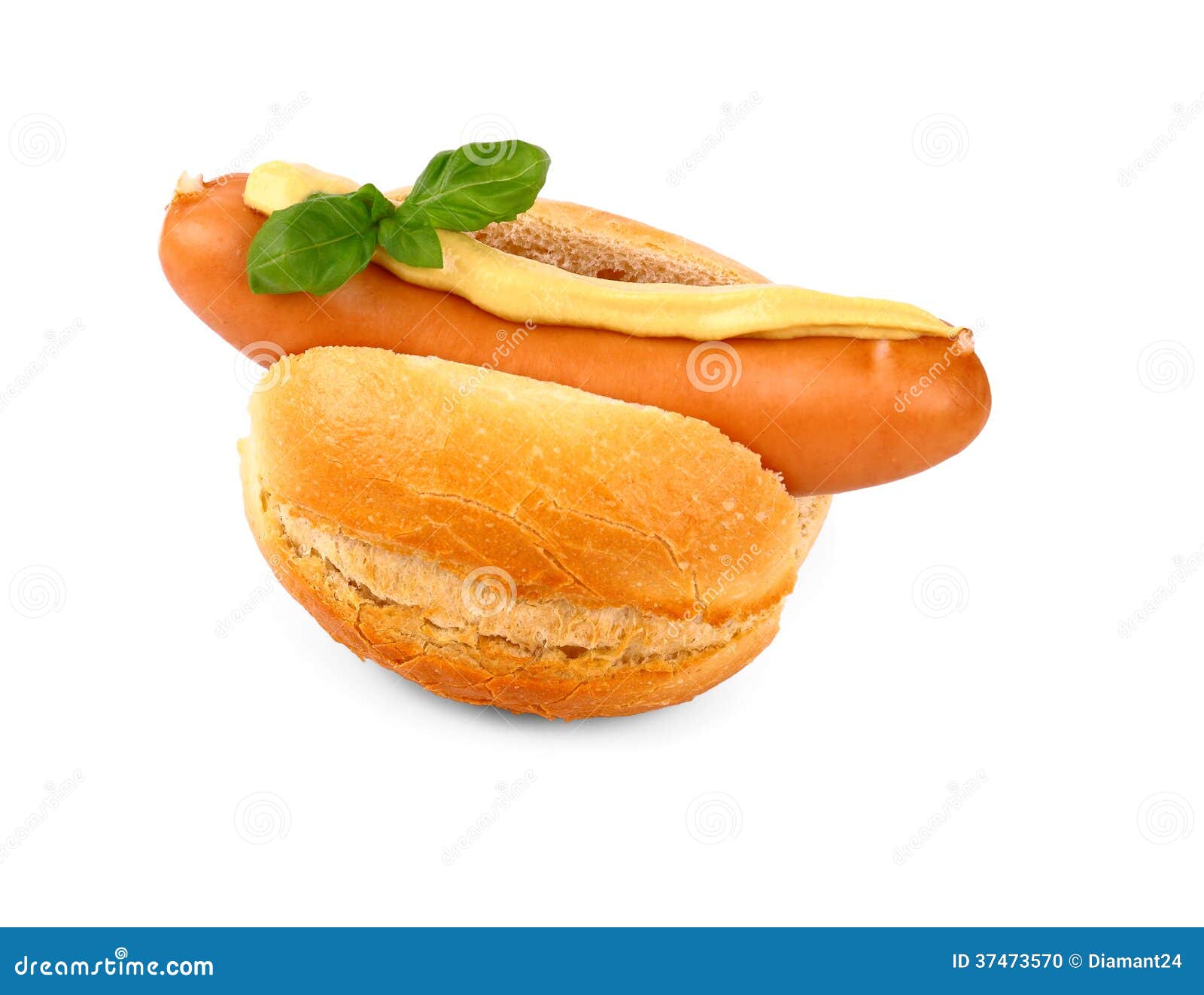 Deutsche Wurst Mit Brötchen, Senf Und Basilikum Stockfoto - Bild von ...