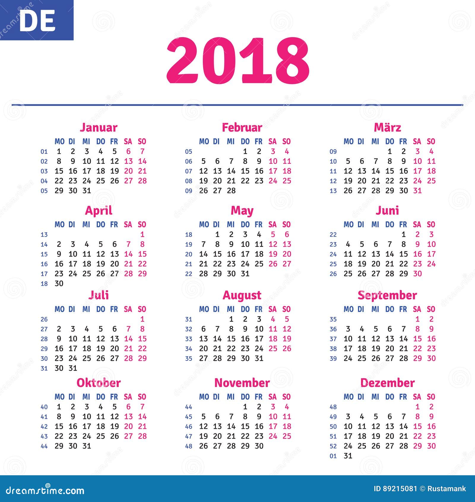 Deutscher Kalender 2018 vektor abbildung. Illustration von rasterfeld ...