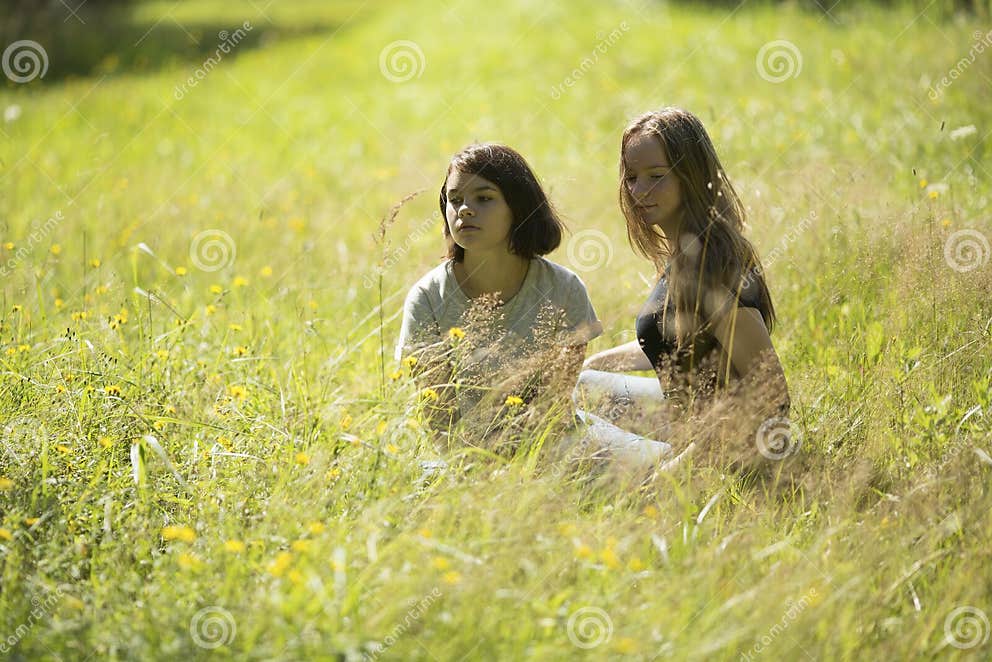 Deux Filles De Ladolescence Mignonnes Sasseyent Sur Le Champ Dans L