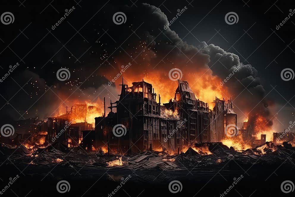 Devastated City after Fiery Disaster Stock Illustration - Illustration of firefighters, recovery ...