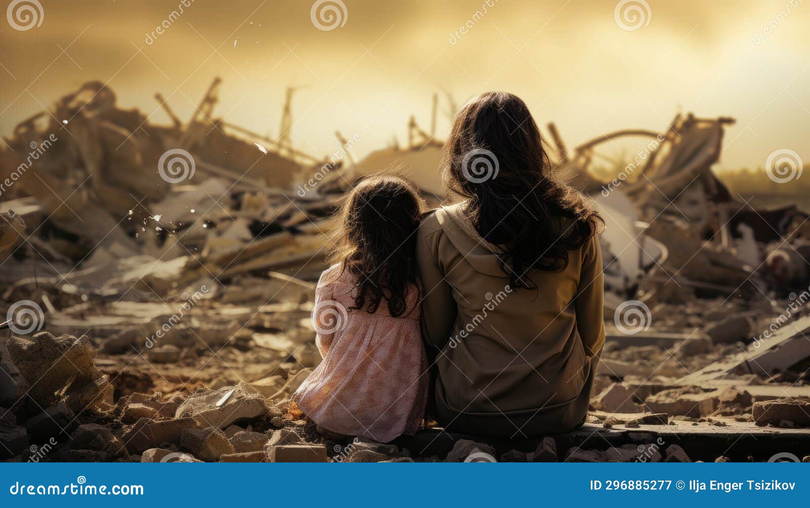 Devastated Cityscape Observed by a Mother and Child in the Aftermath of ...