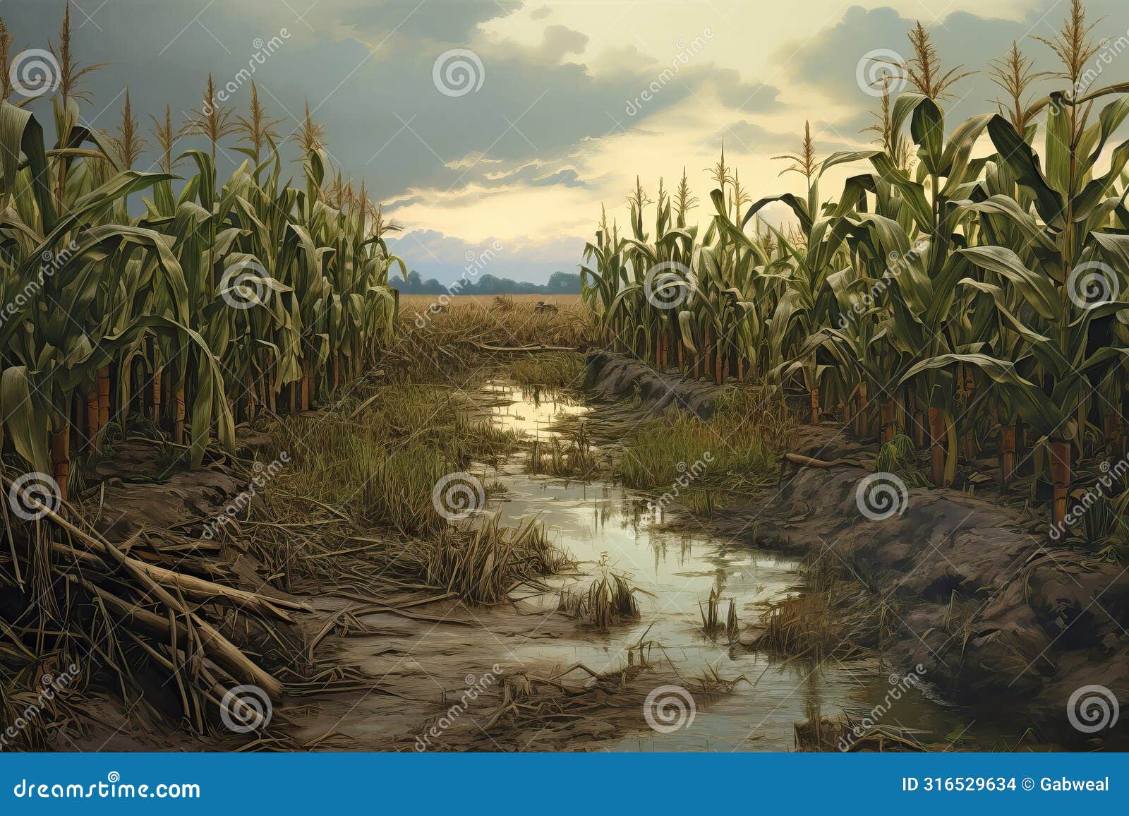 Destroyed Corn Field after a Flood, AI Generated Stock Illustration ...