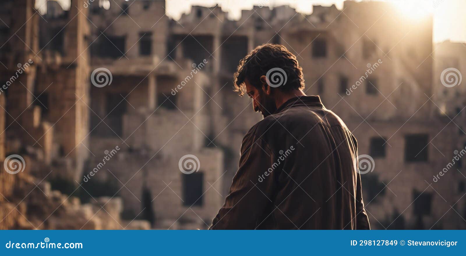 Devastated Man Dropping Down and Crying on Ruins of His Town, War and ...