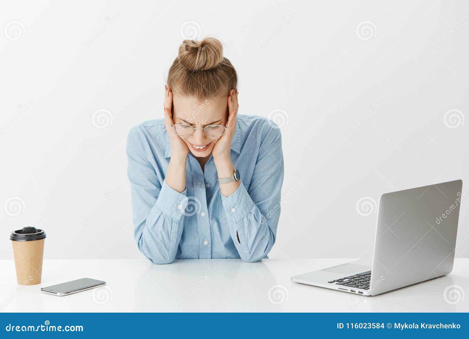 Devastated Miserable European Female Office Worker, Holding Palms on ...