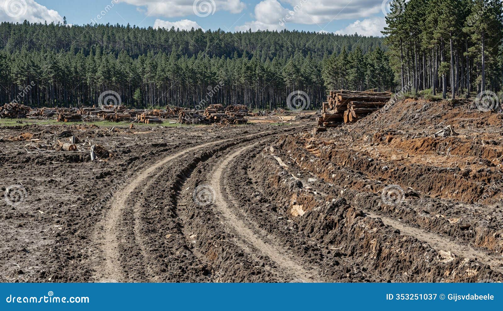 Devastating Deforestation Scene with Deep Tire Tracks Mud and Stacks of ...
