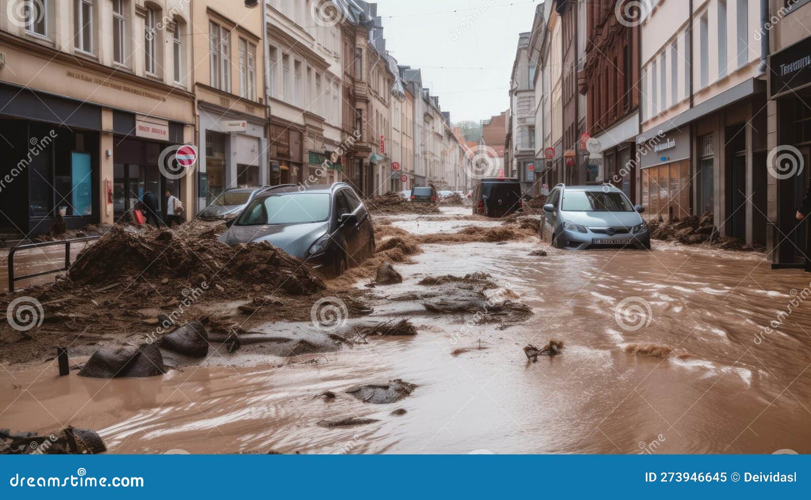 Devastating Flood Waters Carry Mud and Debris through City Streets ...