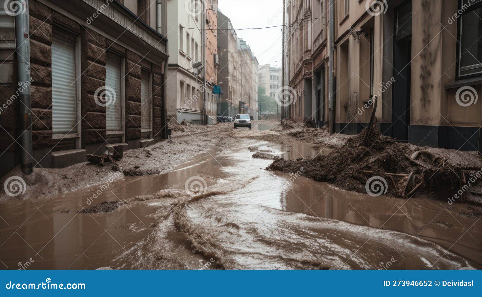 Devastating Flood Waters Carry Mud and Debris through City Streets ...