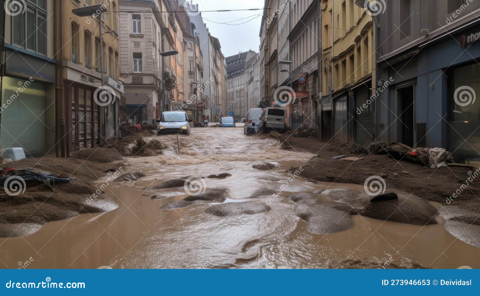 Devastating Flood Waters Carry Mud and Debris through City Streets ...