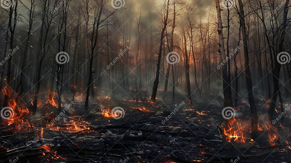 Devastating Forest Fire, with Numerous Trees Burning Intensely Stock ...