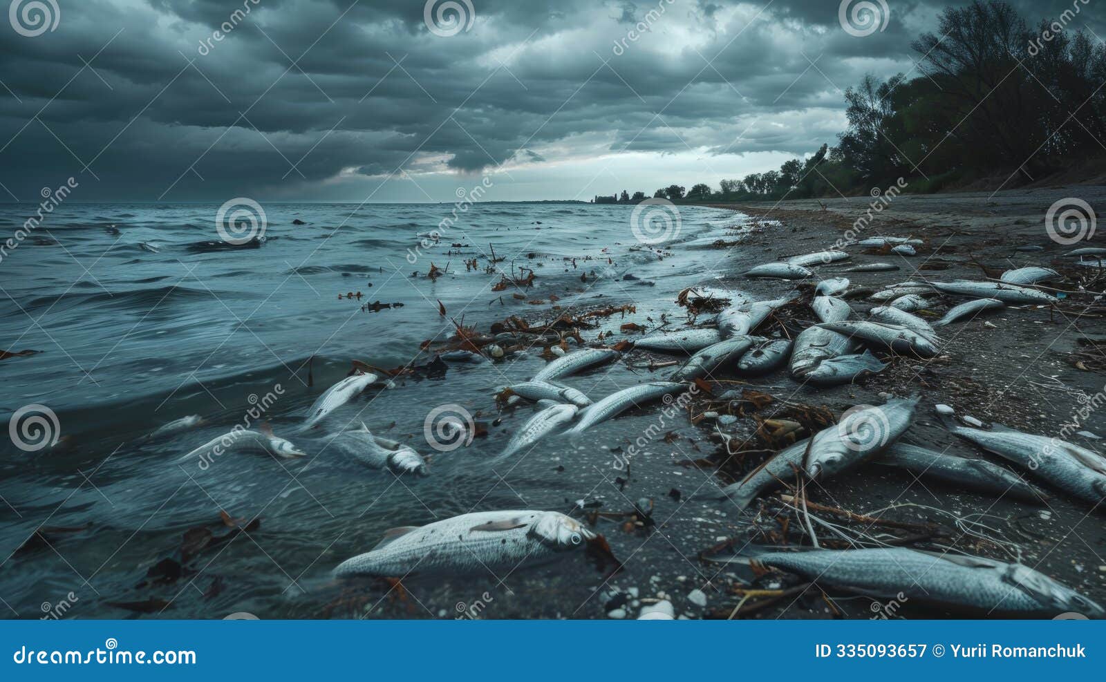 Devastating Impact of Water Pollution Dead Fish Littering a Beach Under ...